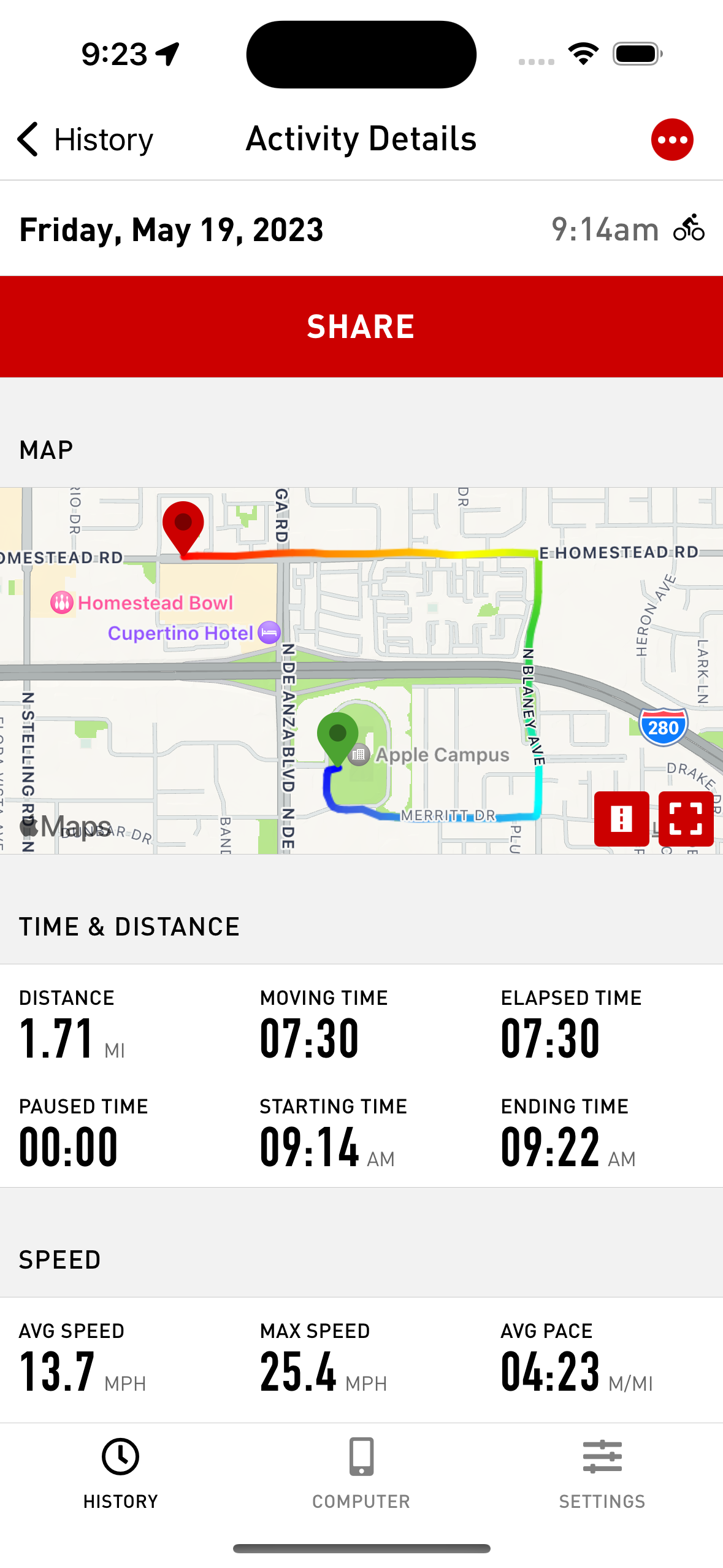 What do the colors of the route on the map mean? - Cadence